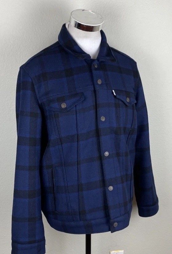 Levi's Wool Trucker Jacket Heavy Wool Blue Buffalo Plaid Check Men’s ...
