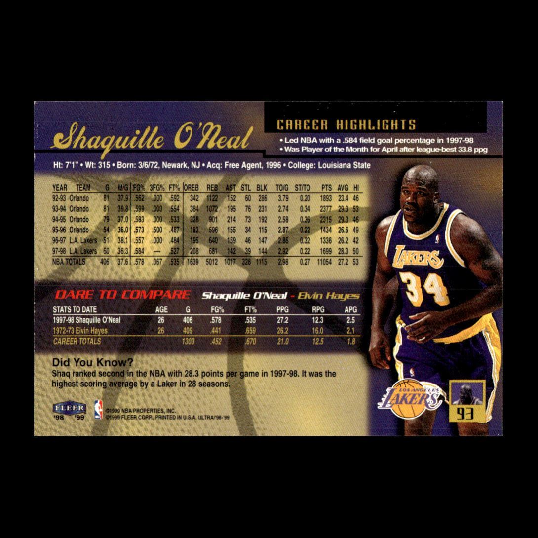 Shaquille O'Neal 1998-99 Fleer Los Angeles Lakers #93 R317D 75 | eBay