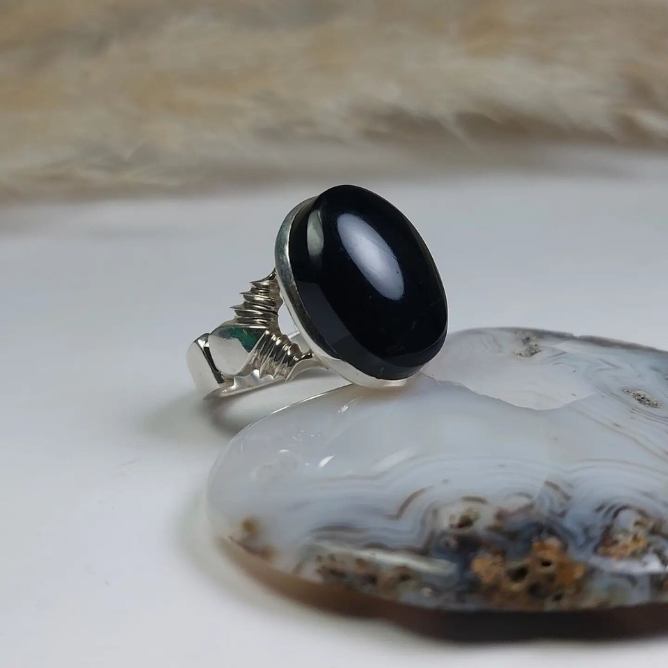 Genuine Oval Shaped Black Yemeni Aqeeq Stone Sterling Silver Haqeeq ...
