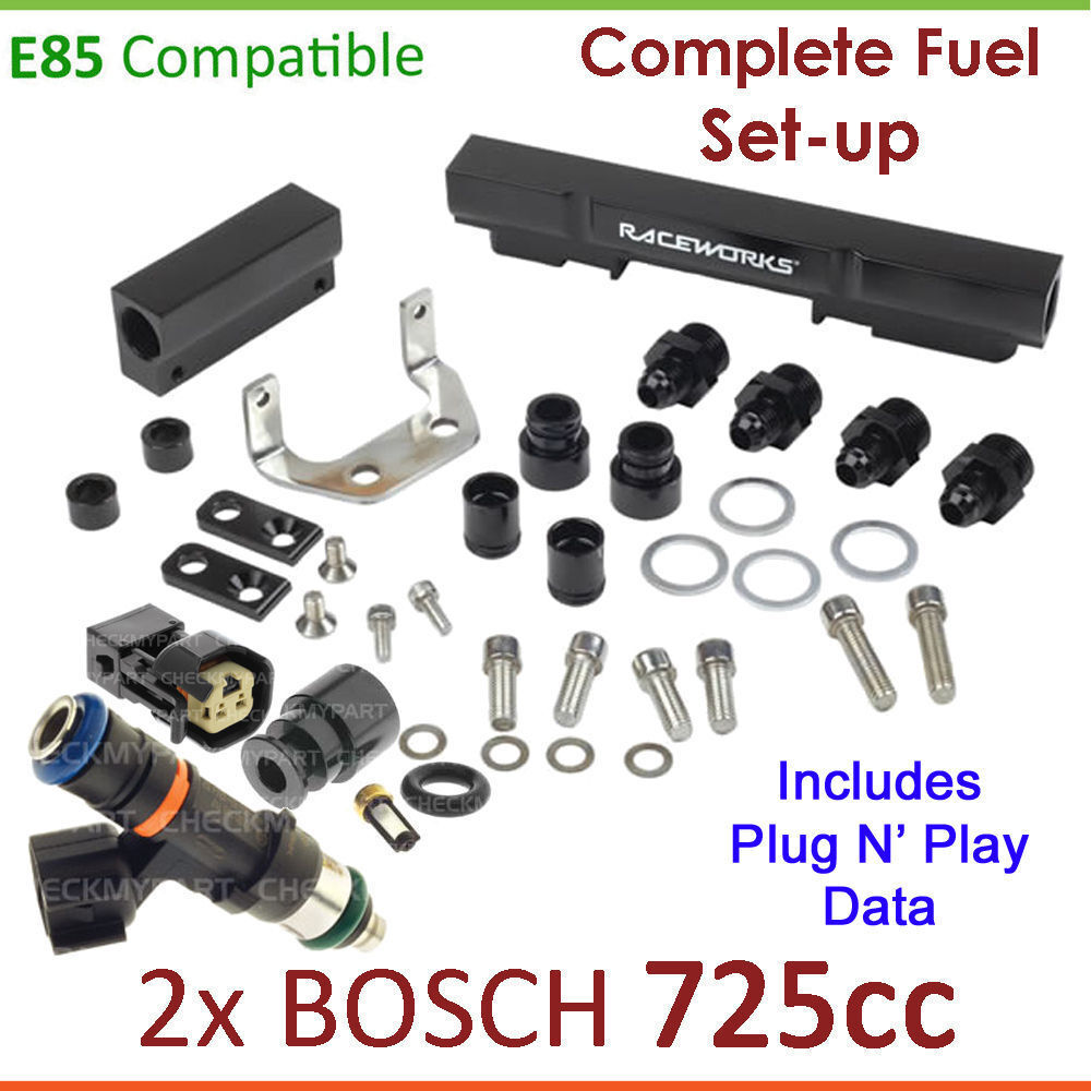 2x New BOSCH 725cc E85 Injectors & Fuel Rail Set-up For Mazda RX7 Turbo ...