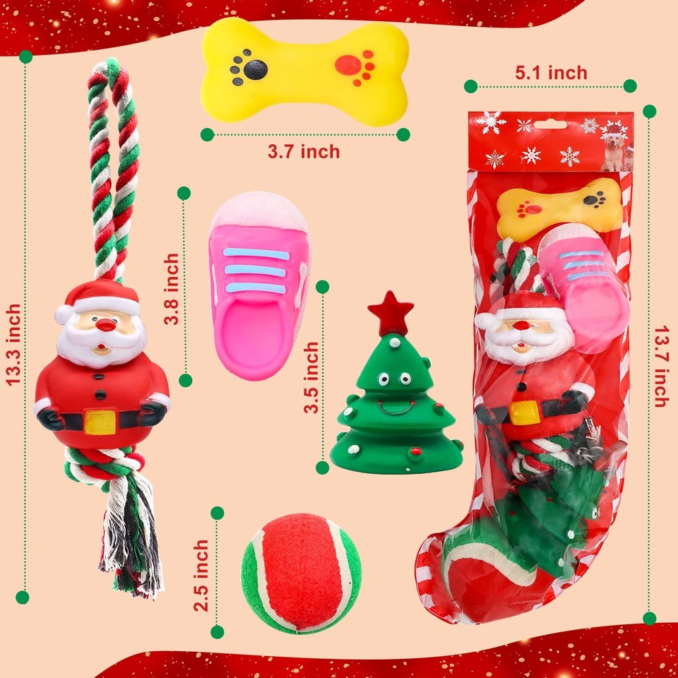 Christmas Stocking Dog Toys, 5Pcs Xmas Toys Set with Santa Multi-color ...