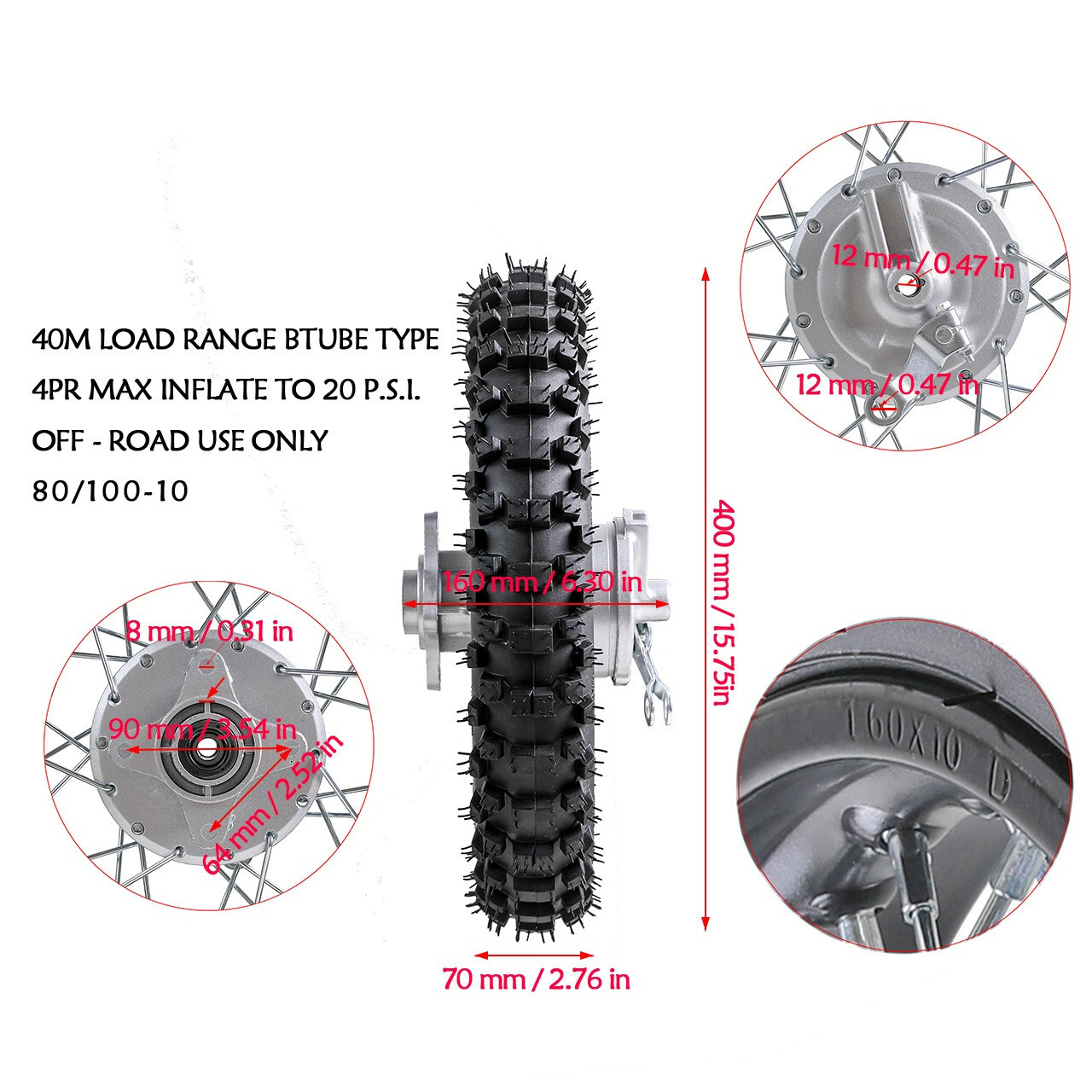 10inch 80/100-10 Rear Wheel Tyre Rim w/Rod for Mini Trail Bike Honda ...