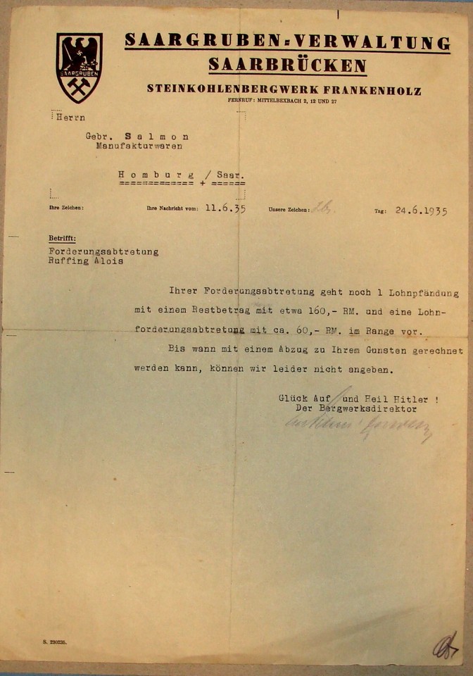 1935 German Germany Saarbrucken Nazi Letter SAARGRUBEN To Jewish SALMON ...