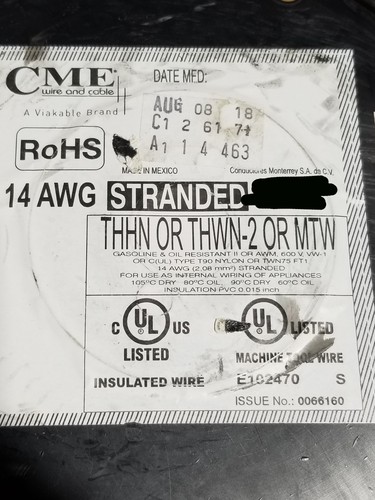 CME Wire & Cable #14awg 19 Stranded QI THHN/THWN-2/MTW Building Wire ...