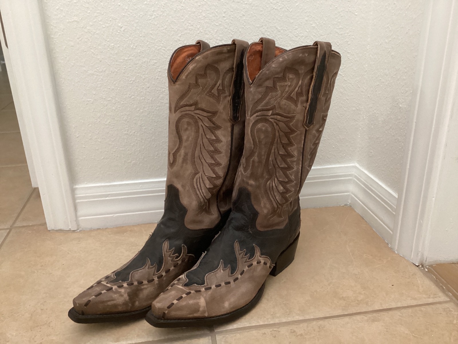 DAN POST 2249 Taupe & Brown Leather Snip Toe Cowboy Western Boots Men's ...