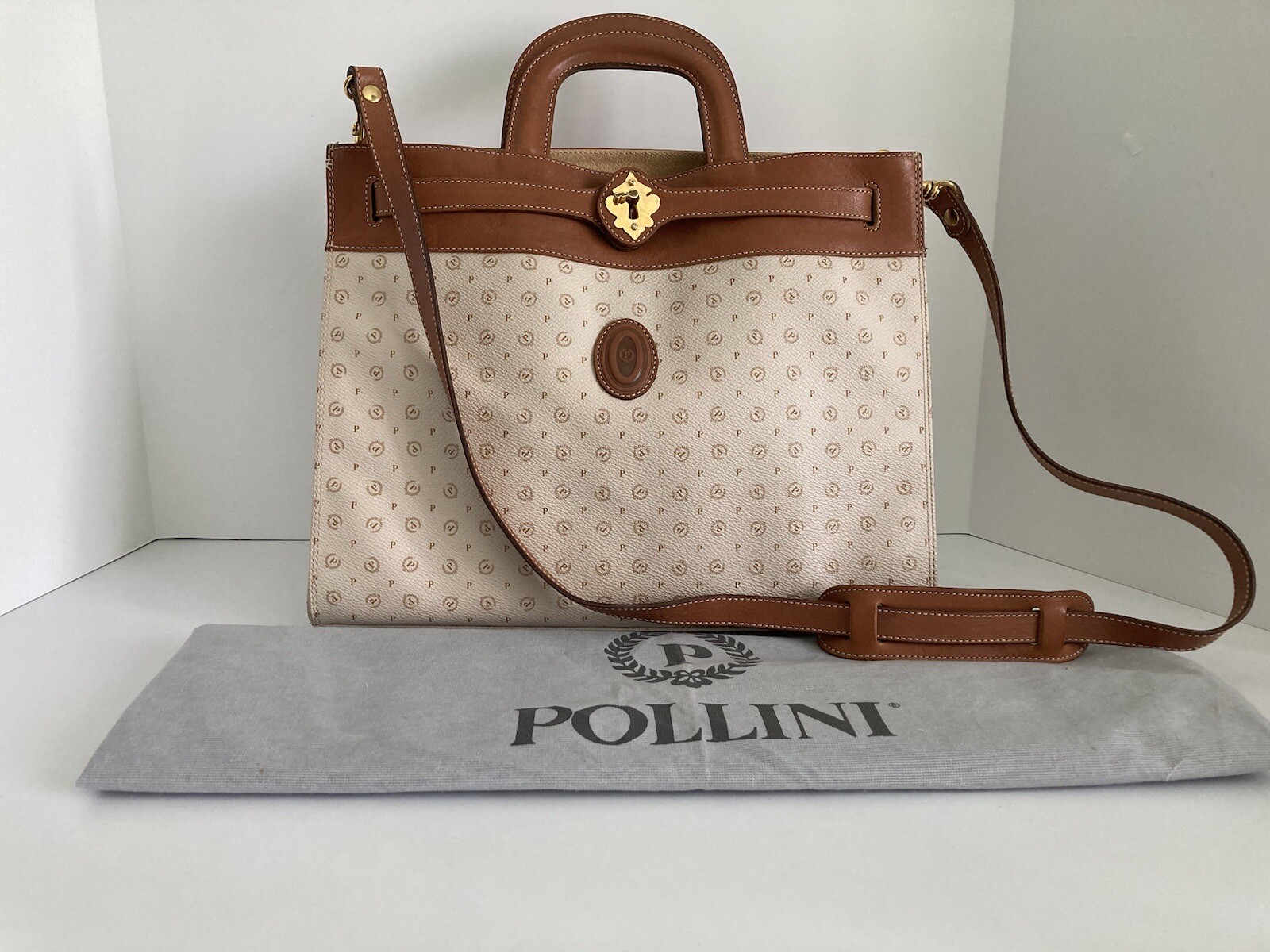 Vintage Pollini Ivory Canvas/Genuine Leather Large Shoulder Bag, Made ...