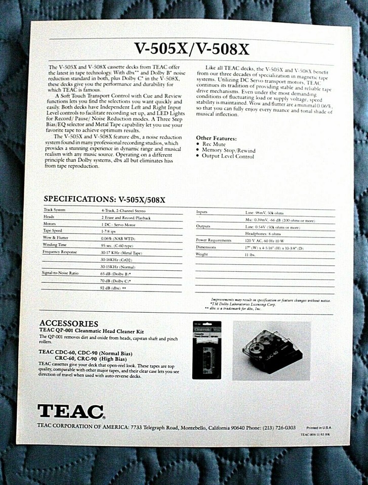 TEAC V-505X/V-508X BROCHURE,1983, Stereo Cassette Deck Features ...