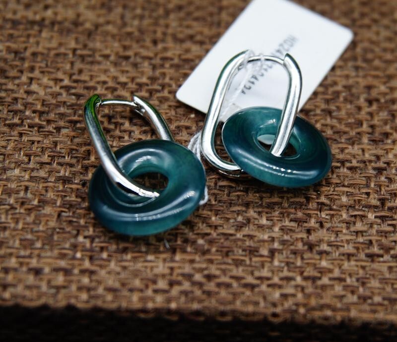 Certified Grade A Blue Jadeite Fei cui Ping An Kou Earrings Sterling ...