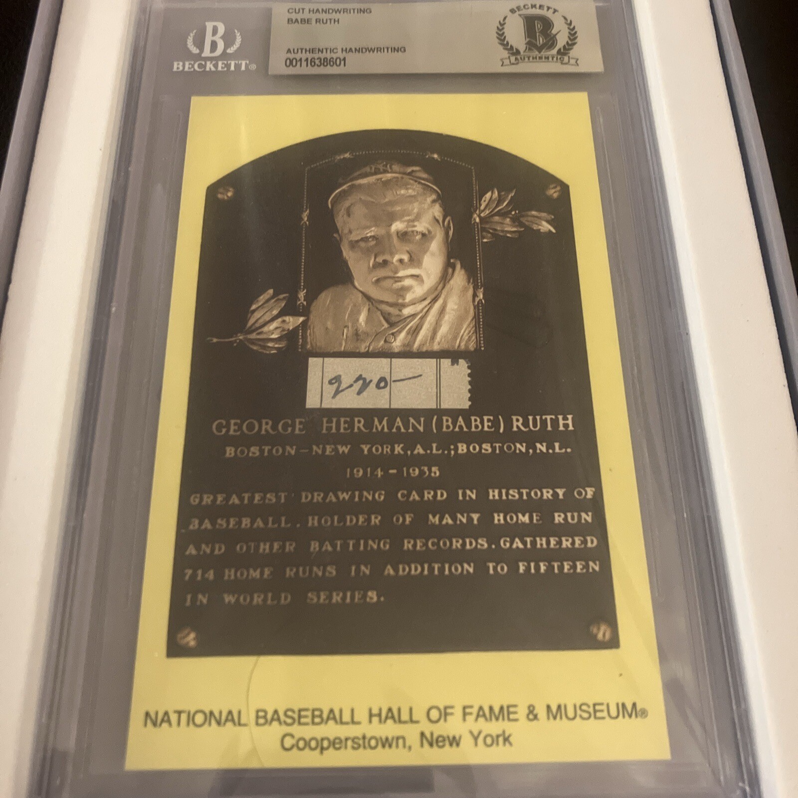 BGS Babe Ruth "220-" Signed Cut Handwriting HOF Plaque NY Yankees ...