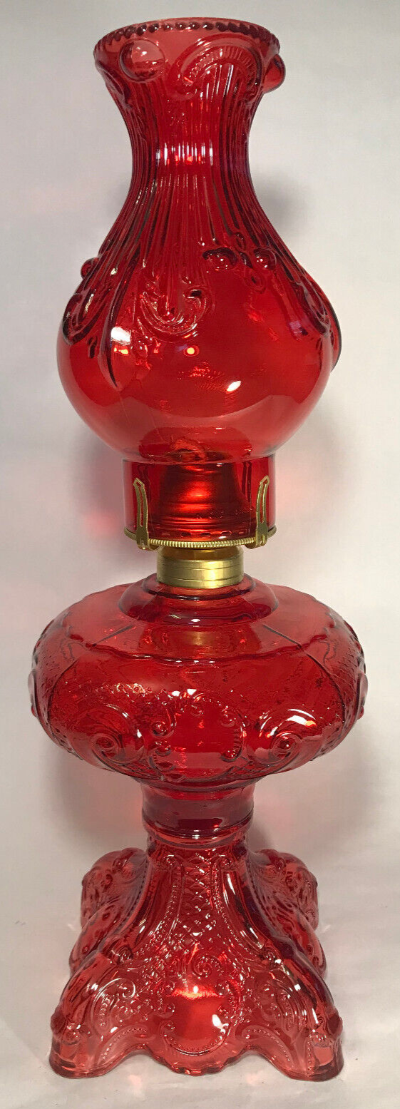 New Complete 9 1/2" Ruby Princess Feather Glass Oil Lamp w/ Ruby ...