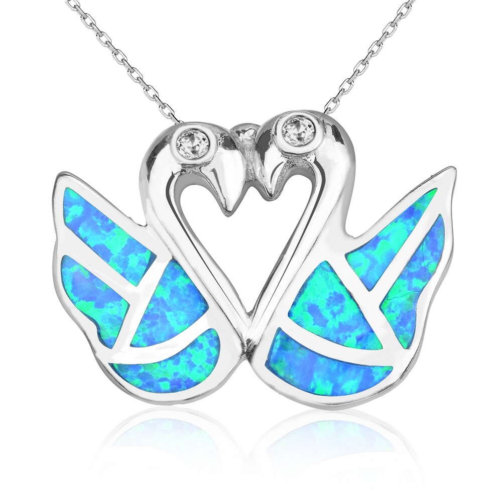 Sterling Silver Blue Inlay Opal Swans w/ CZ Forming Heart Pendant | eBay