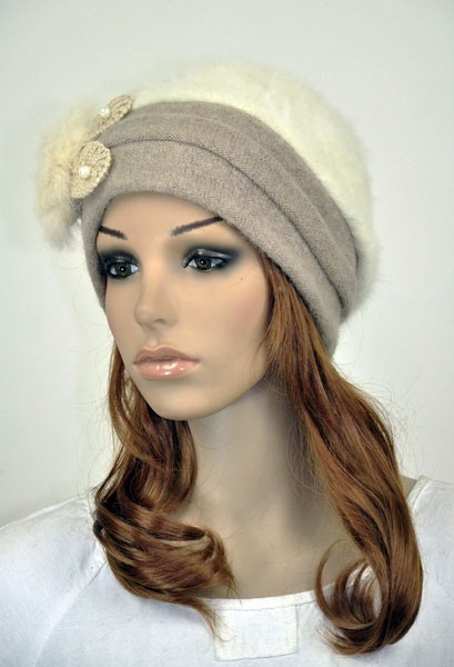 JM39 Rabbit Fur & Wool Lady Winter Hat Beanie Cap Cute Pearls Flower ...