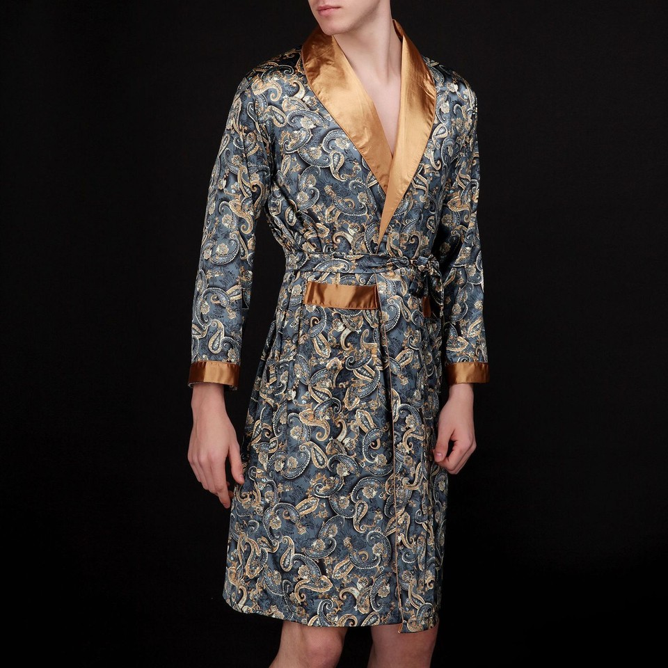 Men's Satin Kimono Robe Long Sleeve Lightweight Dragon Pockets Silk Spa ...