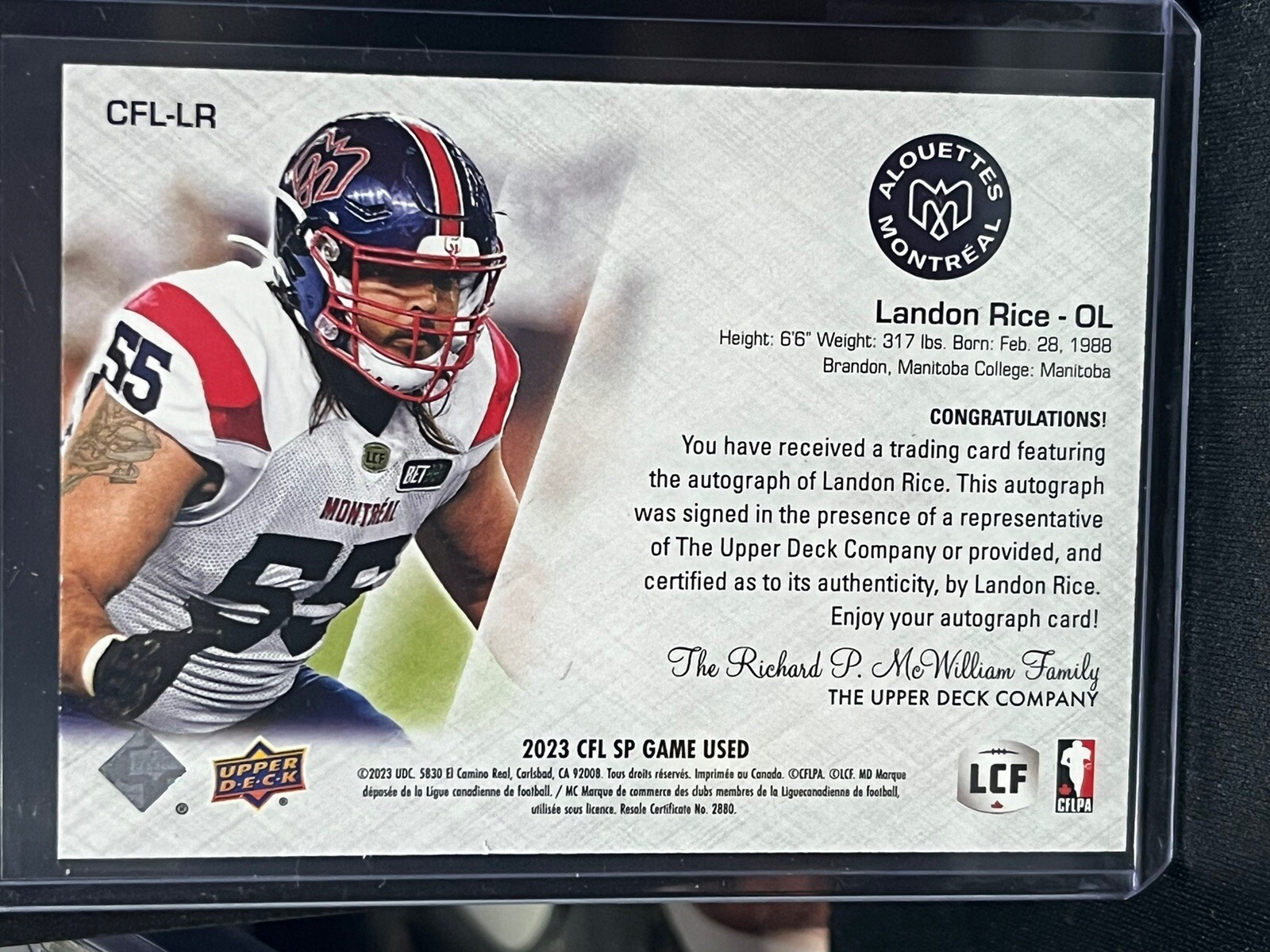 2023 CFL SP Game Used Landon Rice Auto Autograph | eBay