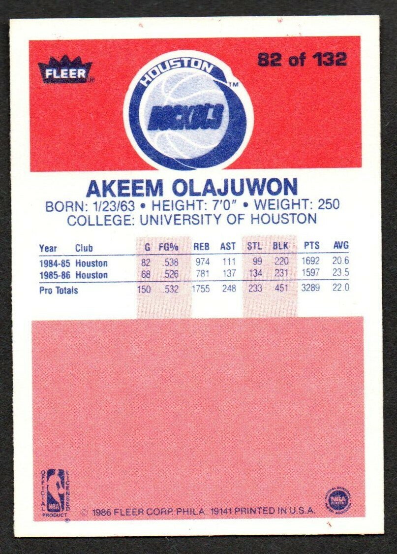 1986 Fleer Akeem Olajuwon Rookie Card #82 1986 Fleer Hakeem Olajuwon ...