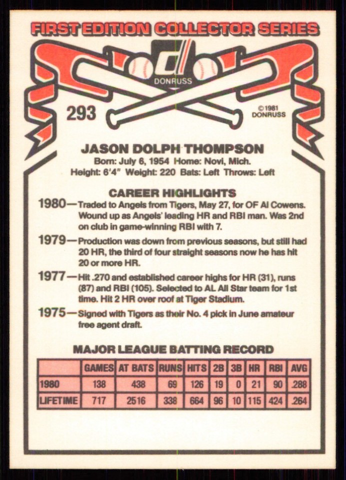 1981 Donruss Jason Thompson California Angels #293 | eBay
