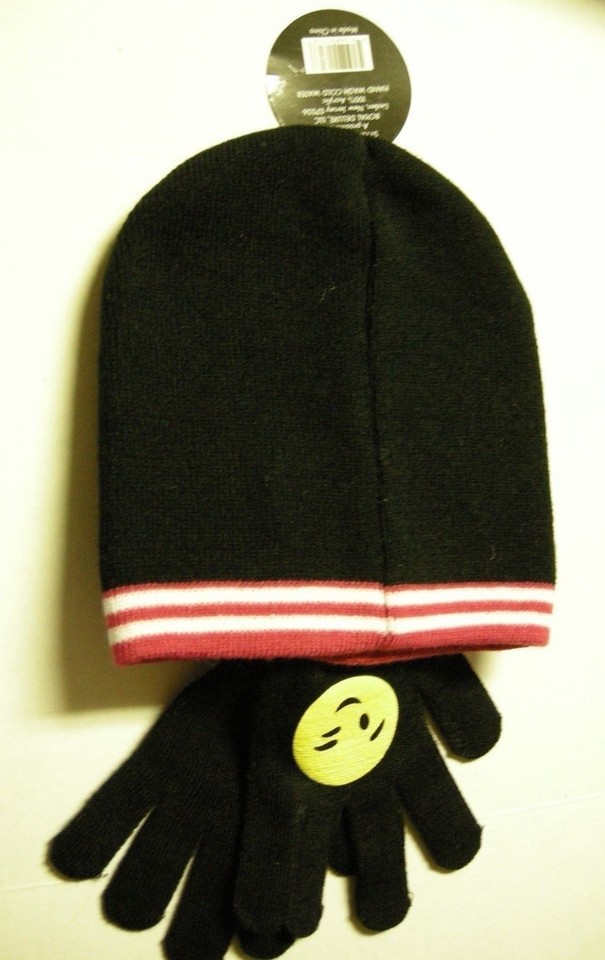Smiley Face Knit Cap & Gloves, Winking, Black, One Size, Brand New | eBay