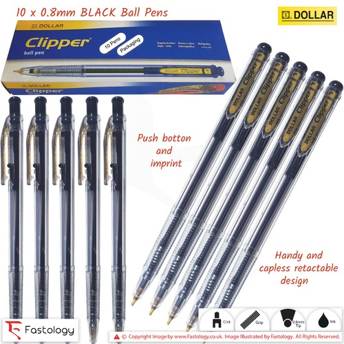 DOLLAR Clipper 0.8mm Ball Point BLACK Retractable Ballpoint Pens ...