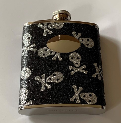 Limited Edition Flasks Flask with Black Glittery Skull and Bones - 6oz ...