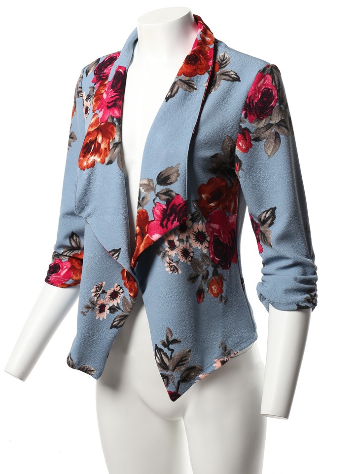 FashionOutfit Women's Solid/Print Stretch 3/4 Gathered Sleeve Open ...