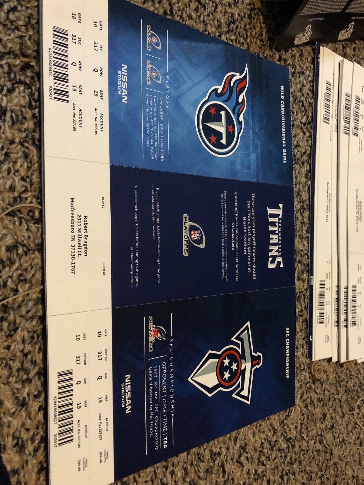 2017 2018 TENNESSEE TITANS SEASON TICKET PLAYOFF TICKET STRIP SHEET ...