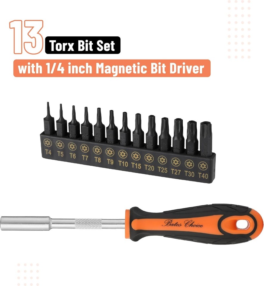 Bates- Tamper Proof Torx Bit Set, 14 pcs, T4-T40 with 1/4" Ergonomic ...