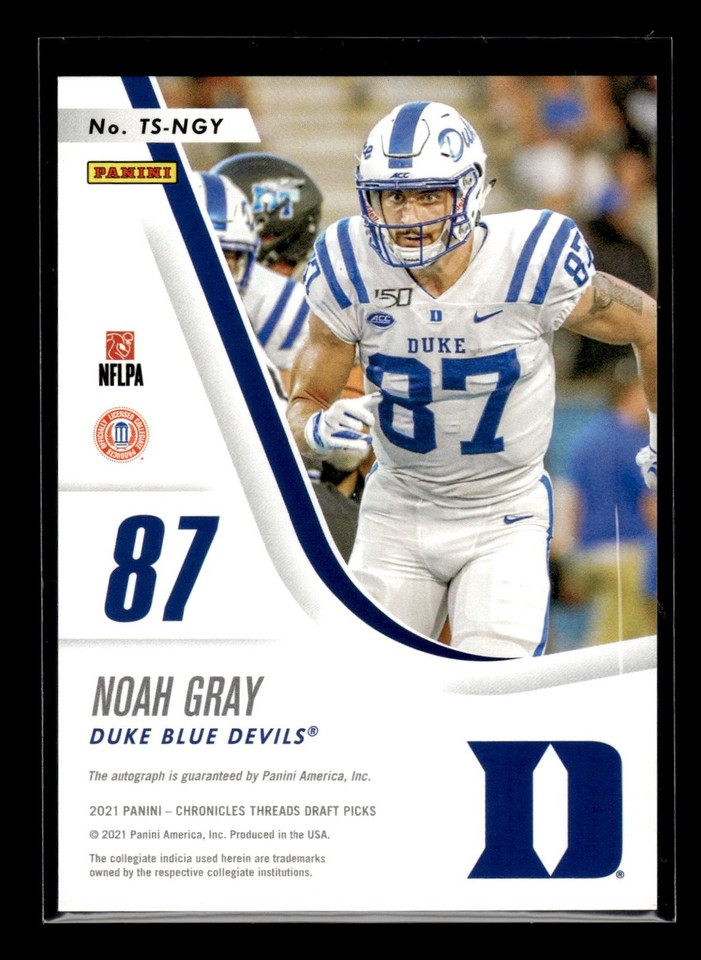 2021 Panini Chronicles Draft #TS-NGY Noah Gray Threads Rookie Duke Blue ...