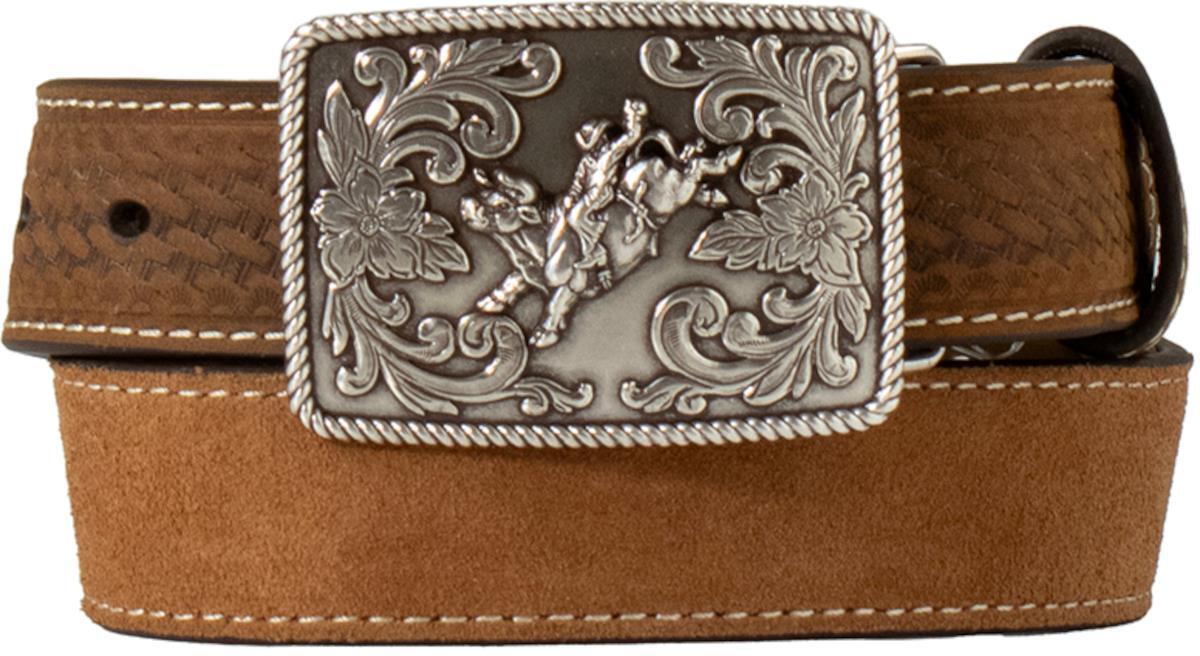 3D Western Boys Belt Youth Leather Roughout Weave Bullrider Brown ...