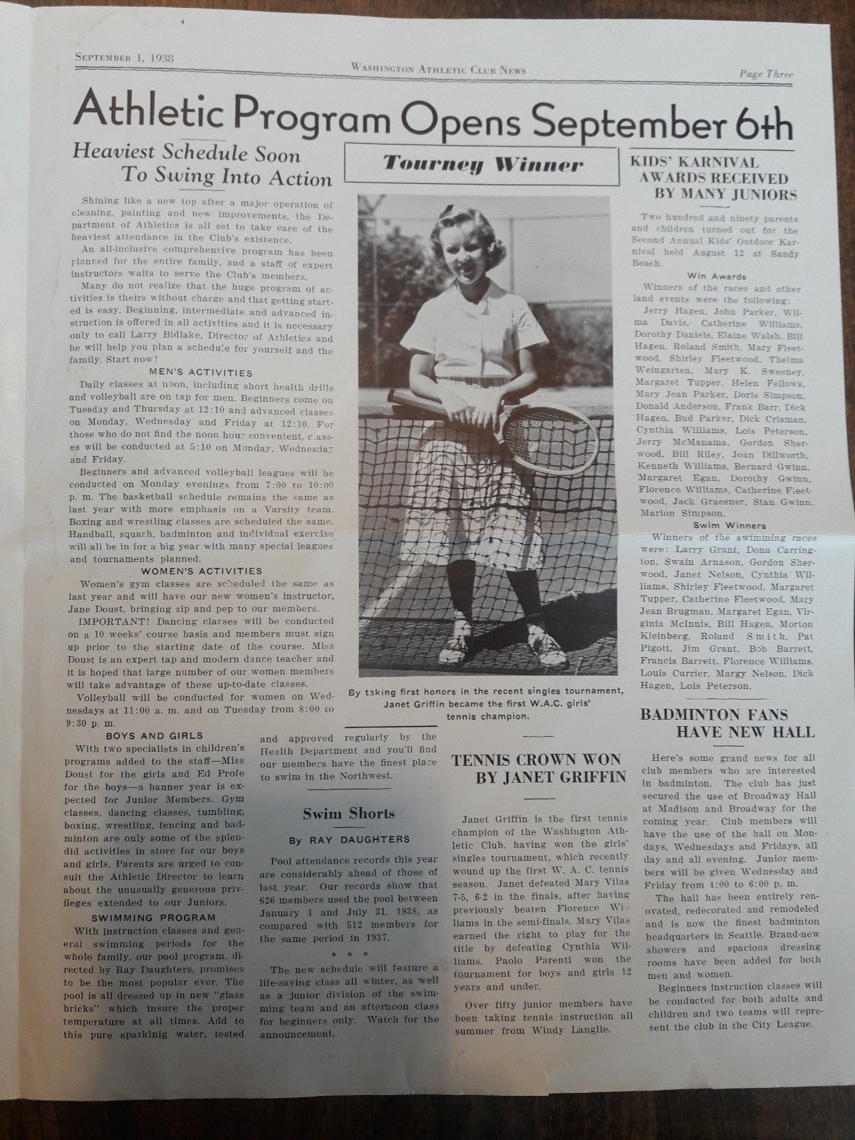 1938 WASHINGTON ATHLETIC CLUB SIGMUND SPAETH JANE DOUST JANET GRIFFIN ...