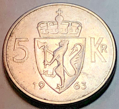NORWAY NORWEGIAN KM412 1963 VF-VERY FINE-NICE OLD VINTAGE 5 KRONER COIN ...