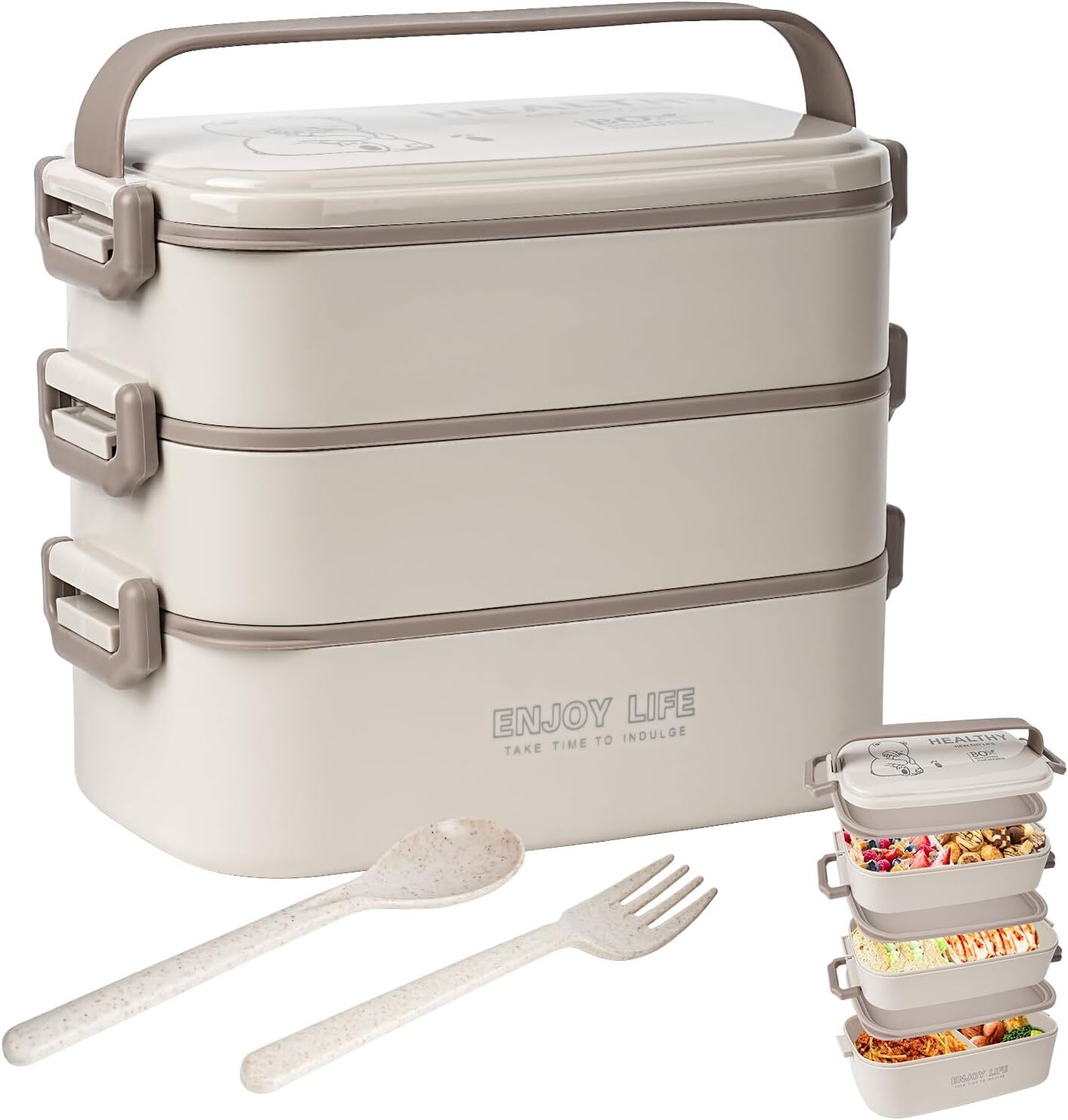 2700ml 3 Layer Bento Box with Fork & Spoon, 4-in-1 Lunch Box Food ...