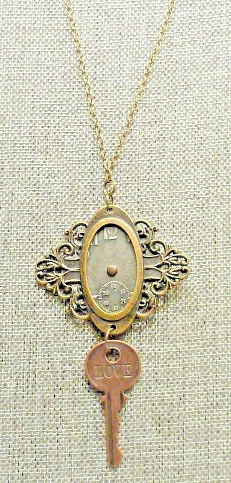 A52) Steampunk Brass Clock & "Love" Key Necklace - 25" long | eBay