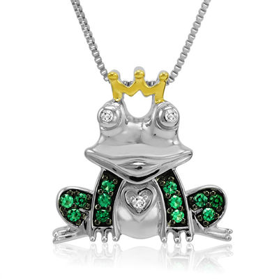 Sterling Silver Created Emerald & Diamond Frog Prince Pendant w/18 ...