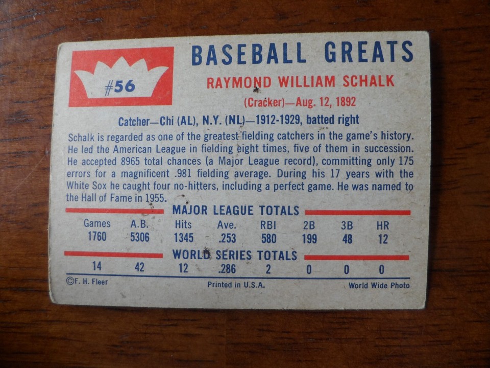 1960 FLEER BASEBALL #56 RAY SCHALK VG/EX A-1348 | eBay