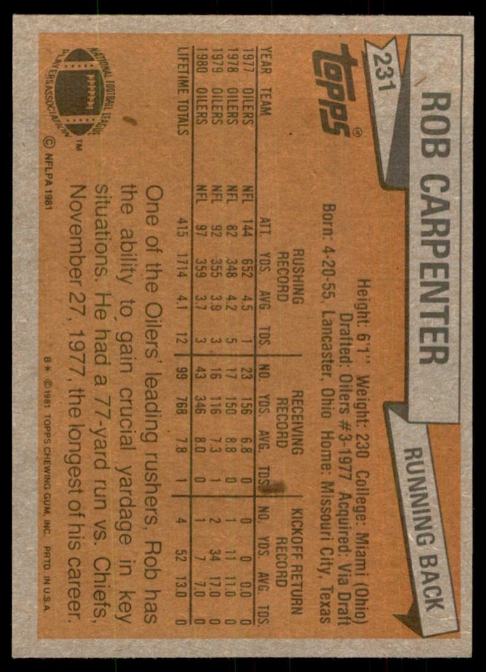 1981 TOPPS ROB CARPENTER HOUSTON OILERS #231. | eBay