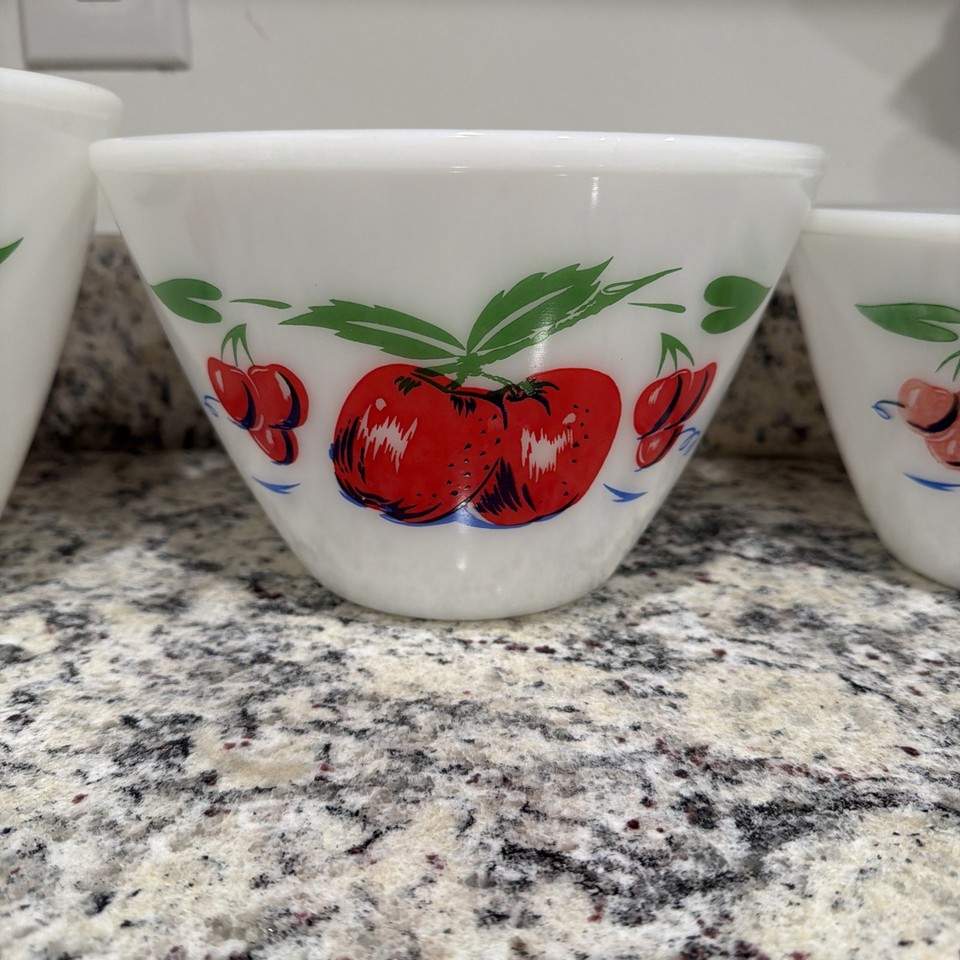 VTG 3 White Fire King Apples And Cherries Splash Proof Mixing Bowl Set ...