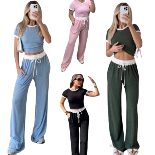 Ladies two piece Women's ribbed contrast cap sleeve crop top trouser Co ...
