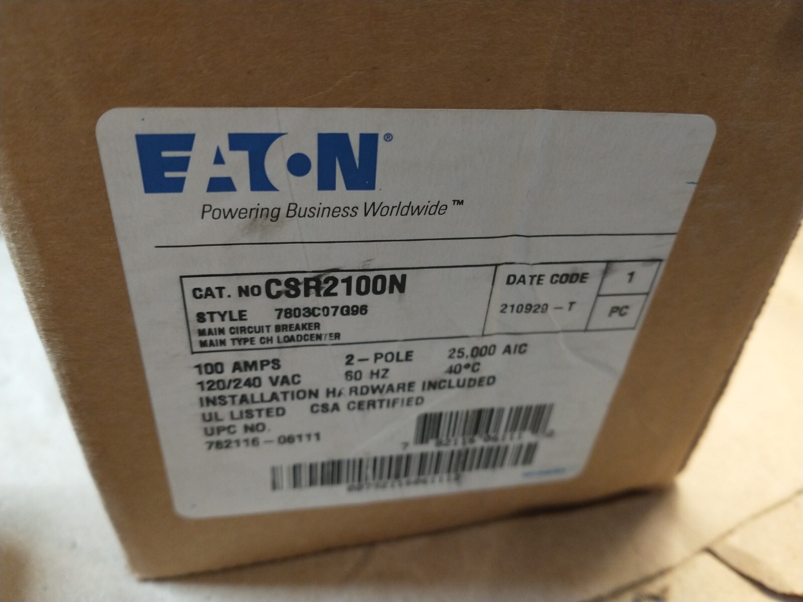 Eaton CSR2200N 200A 2 Pole 120/240 VAC Circuit Breaker W/ Installation ...