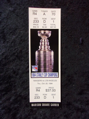 October 20, 1994 New York Rangers vs Los Angeles Kings Unused Ticket ...
