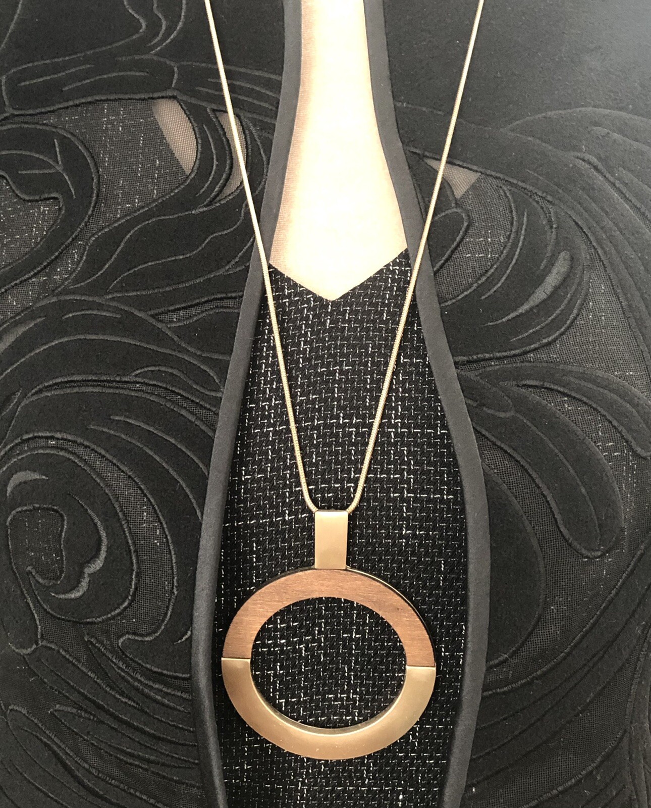 Modernist Abstract Circle Pendant Necklace Wood Metal Geometric Jewelry ...