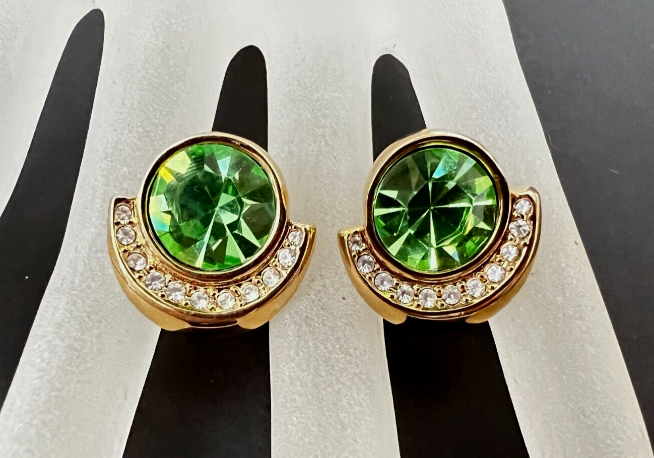 Swarovski Swan Signed Gold Tone Green Clear Rhineston… - Gem