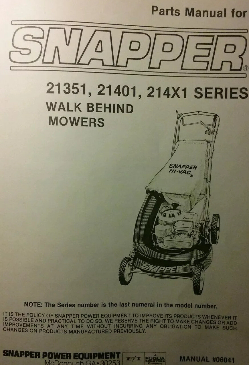 Snapper Walk Behind Lawn Mower 21351 21401 214X1 Series Parts Manual ...