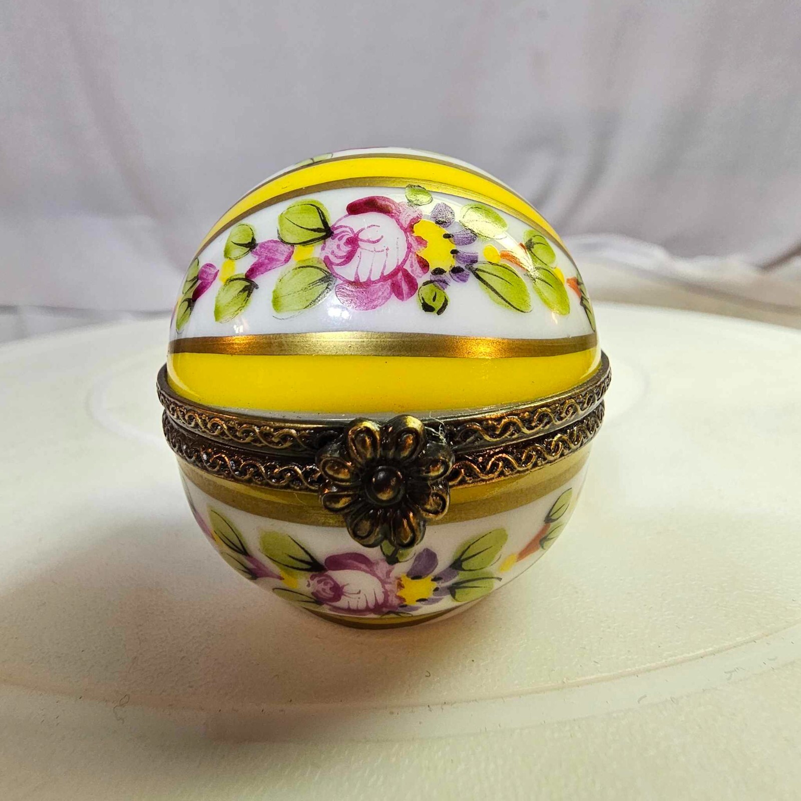 Vtg Peint Main Limoges Round Sphere Ball Floral Porcelain Trinket/Snuff ...