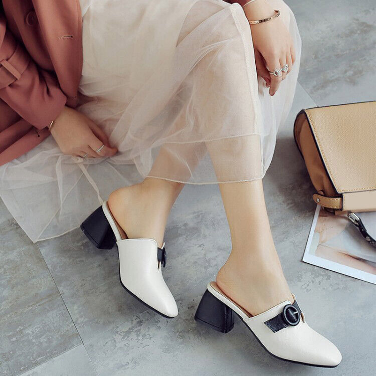 Chunky Block Mid Heels Slingbacks Womens Slide Closed Toe Sandals Shoes ...