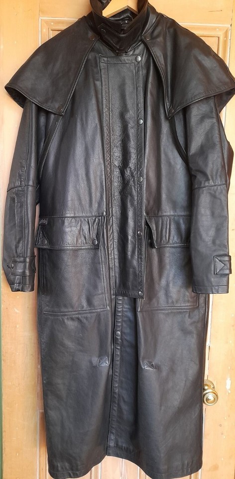 Men's Full-Length Black Leather Duster Coat Detachable Rain Cape Bikers ...