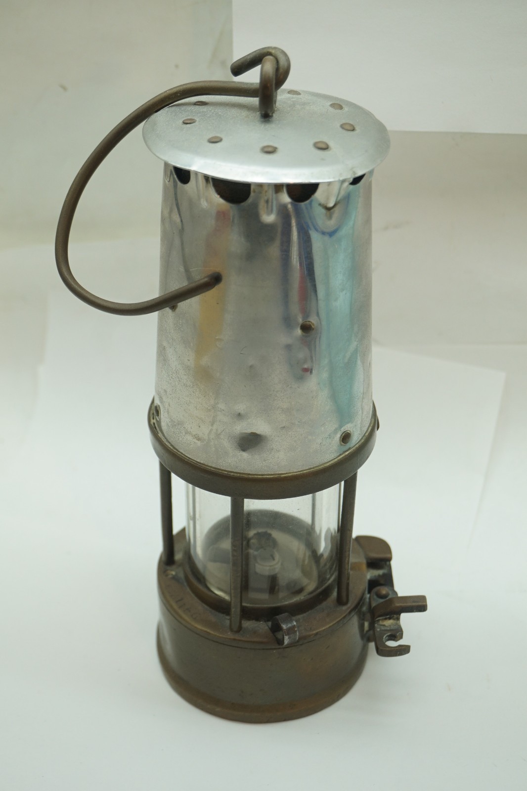 ANTIQUE MINERS LAMP COAL MINING LANTERN LIGHT BRASS HANGING PYREX GLASS ...