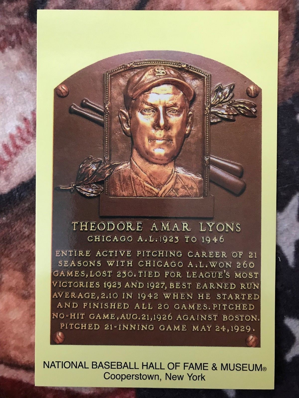 Ted Lyons Postcard- Baseball Hall of Fame Induction Plaque - Photo ...