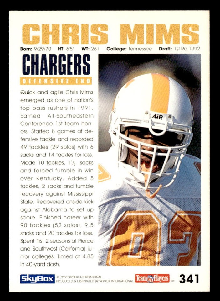 Chris Mims 1992 SkyBox Impact Rookie Card #341 Tennessee Volunteers | eBay