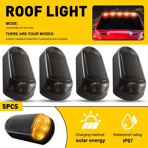 5x Amber Light Solar Powered Cab Roof Lamps Smoked Case Pickup Trucks ...