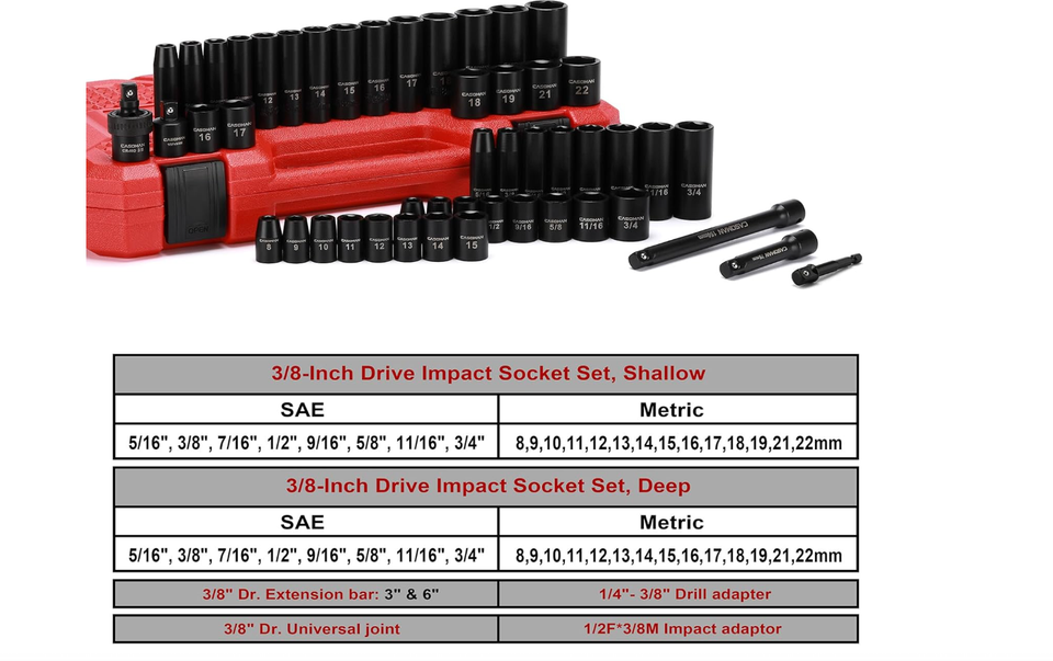 CASOMAN 3/8" Drive Impact Socket Set, 49 Piece Standard SAE and Metric ...